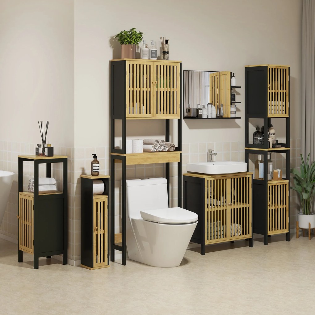 HOMCOM Kleankin Regál nad WC s koupelnovou skříňkou a 2 dveřmi, otevřeným policí 60D x 21,5Š x 172V cm, bambus - Přírodní dřevo a černá