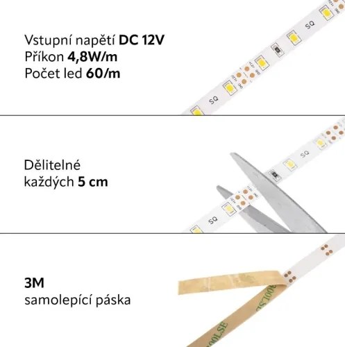 LED pásek SQ3-300 12V 4,8W/m teplá bílá š=8mm 07104 (délka 5m)