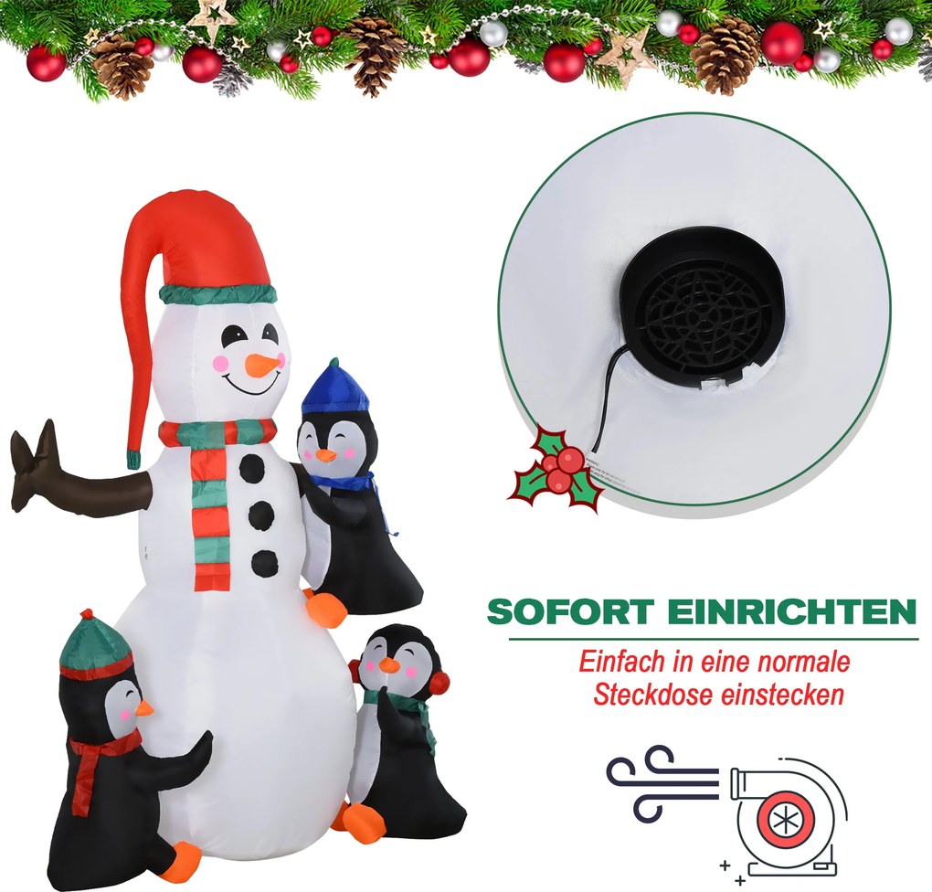 HOMCOM Sněhulák venkovní vánoční dekorace, včetně ventilátoru, barevné LED, samo nafukovací, 1,4 m, vícebarevný