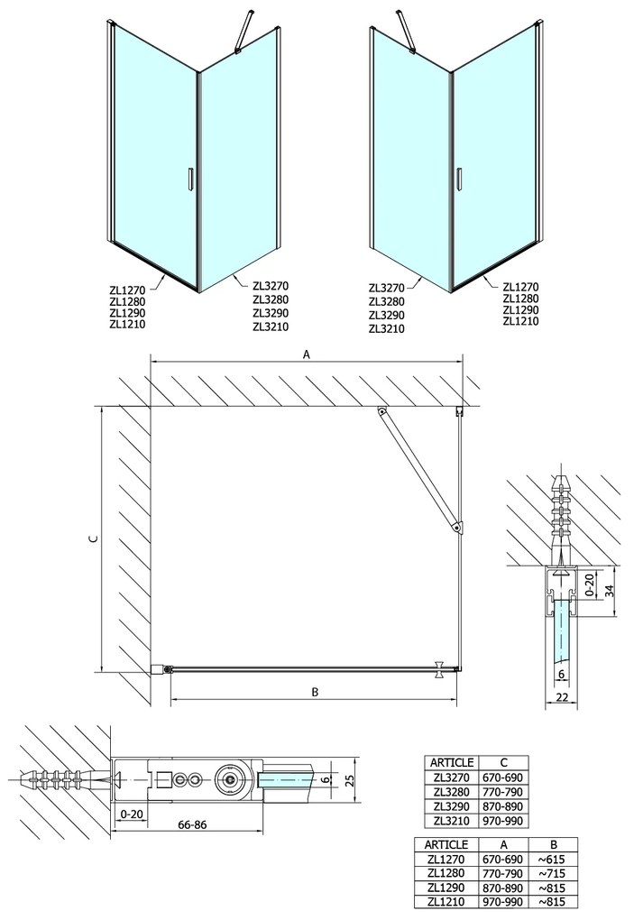 Polysan, ZOOM LINE sprchová boční stěna 800mm, čiré sklo, ZL3280