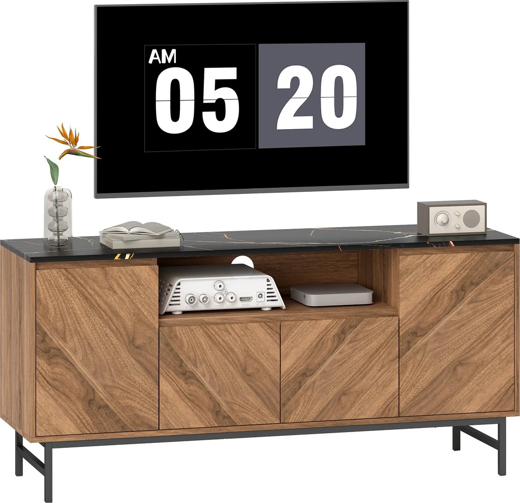 HOMCOM TV stolek pro TV až do 65 palců, nábytek z dřeva s otevřenou přihrádkou a průchodkou pro kabely, efekt mramoru, 140x39x66 cm, ořech