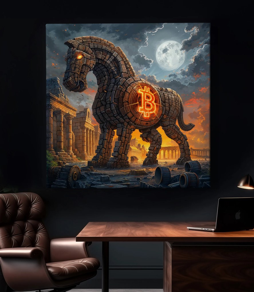 Obraz na plátně - Bitcoin, Trojský kůň, Ancient Bank FeelHappy.cz Velikost obrazu: 80 x 80 cm