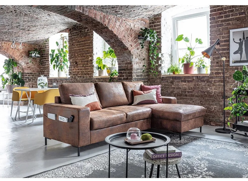 Hnědá rozkládací rohová pohovka z imitace kůže Miuform Lofty Lilly Vintage, pravý roh