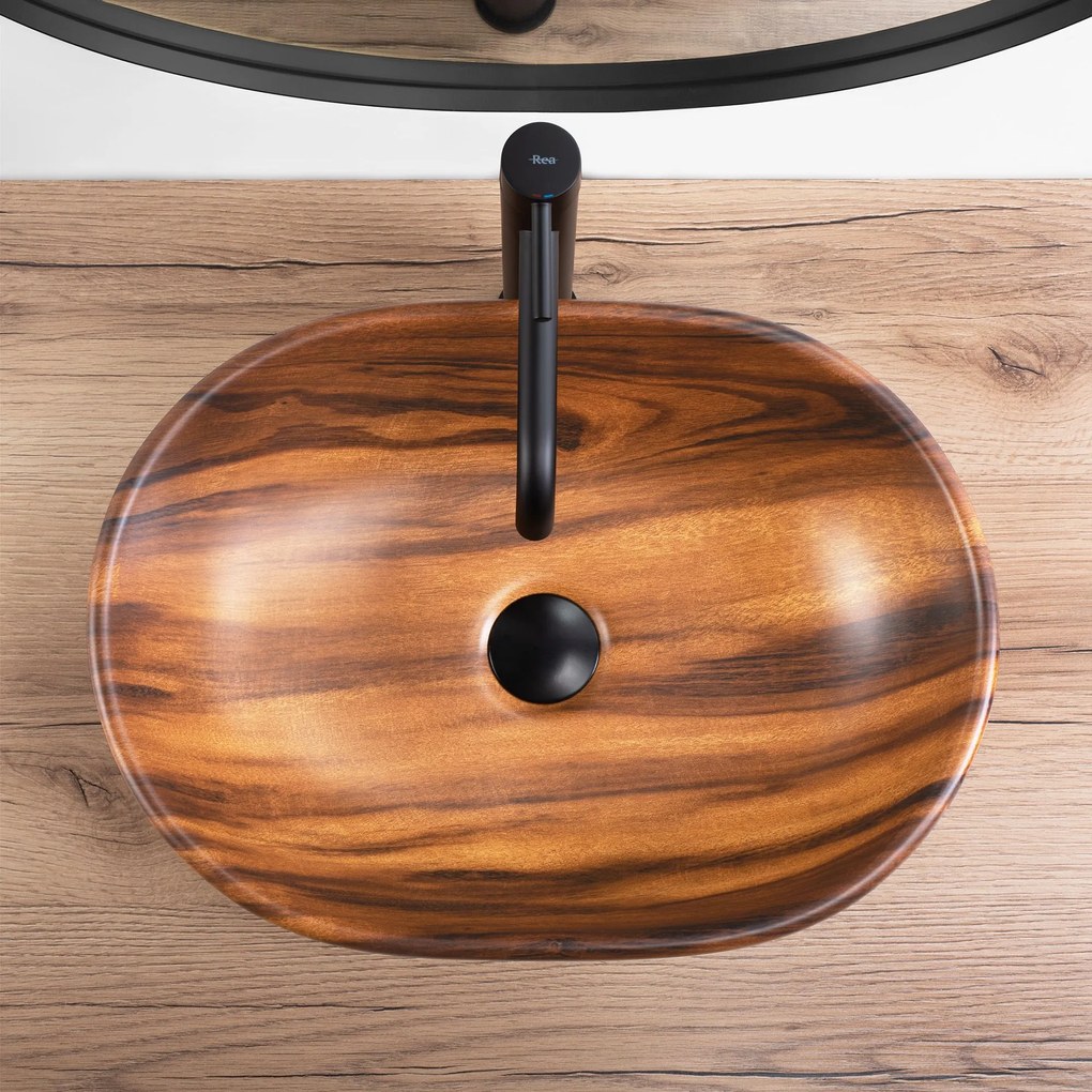 Rea Amelia Wood, umyvadlo na desku 480x345x135 mm, imitace dřeva-hnědá matná, REA-U5060