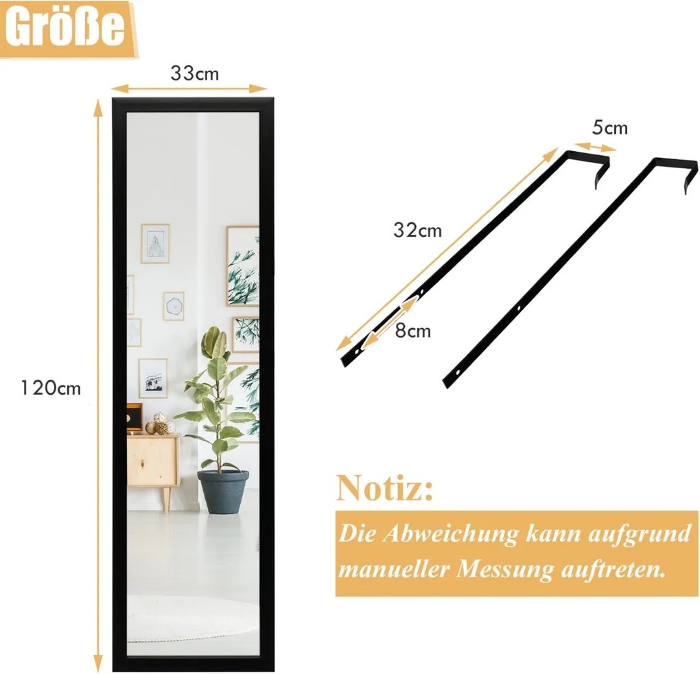 Costway Obdélníkové zrcadlo po celé délce se závěsným hákem na dveře, černý