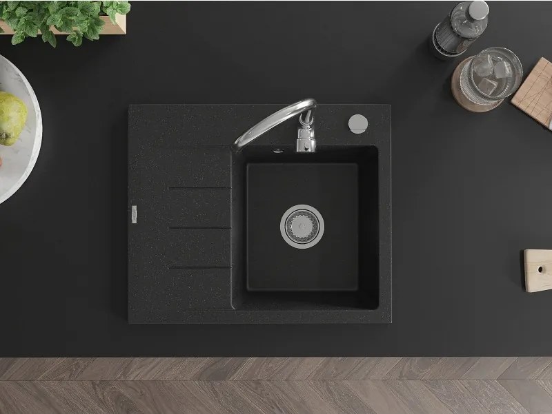 Mexen Ben, 1-komorový granitový dřez 600x500x190 mm, pravý + chromový sifon, černá-stříbrná metalíza, 6523605000-73