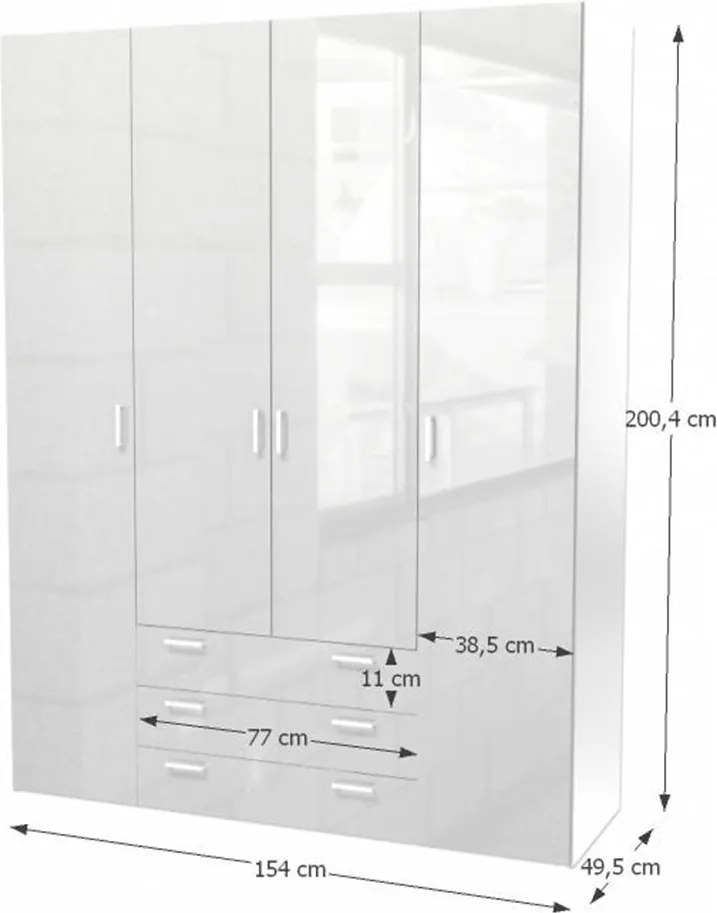 Skříň, 4 - dveřová, bílá extra vysoký lesk HG, GWEN 70429