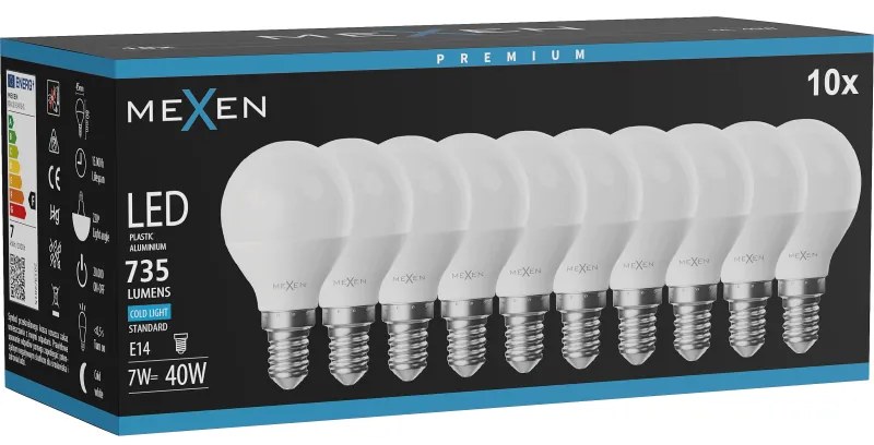 Mexen Nova 10x LED žárovka E14, G45, 7W, Studená - 6500K, 735 lm - L101-E14-0765-01x10