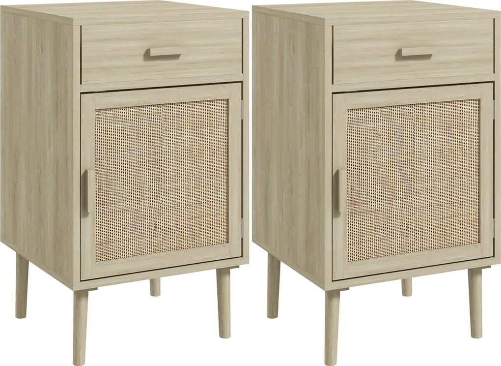 HOMCOM Set 2 nočních stolků s ratanovým šuplíkem a nastavitelnou policí do ložnice nebo obývacího pokoje 40x40x68,5 cm Dub | Aosom