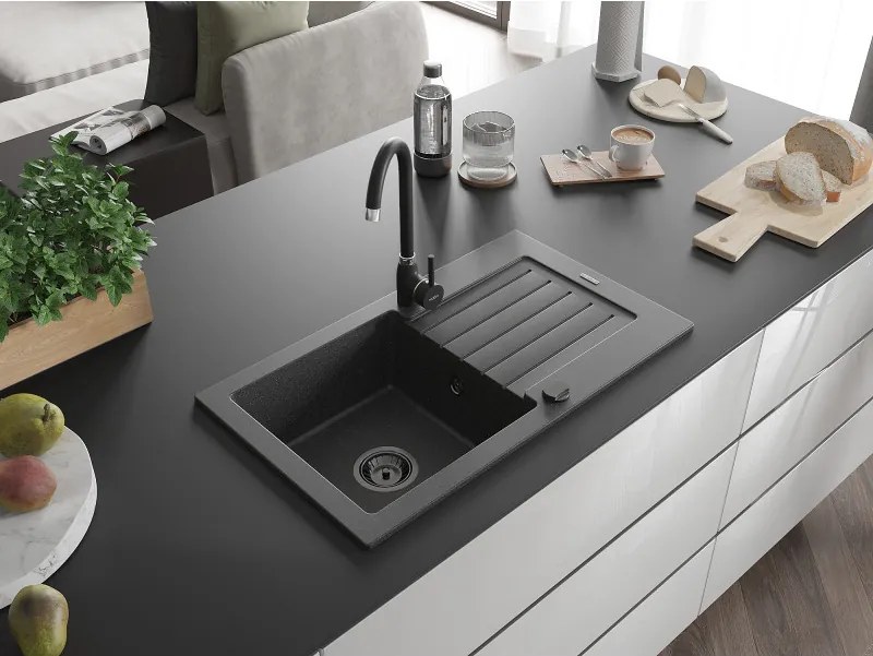 Mexen Pablo, granitový dřez 752x436x161 mm, 1-komorový, černá-skvrny s černým sifonem, 6510751010-76-B