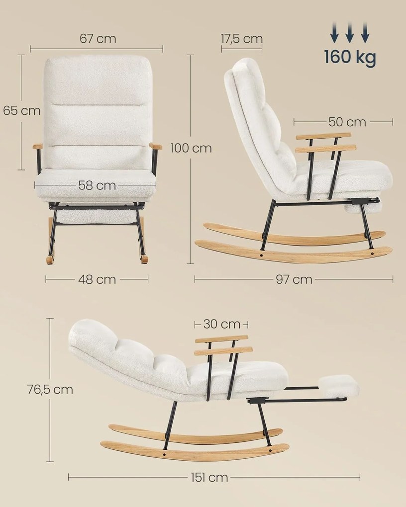 Songmics Křeslo houpací polohovatelné s podnožkou, krémově bílé LYY016W01