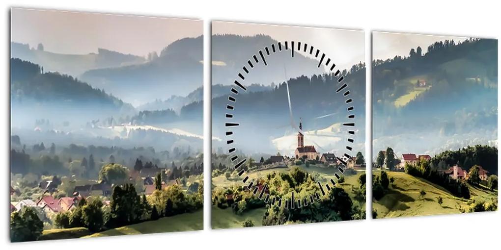 Obraz - vesnička v mlze (s hodinami) (90x30 cm)