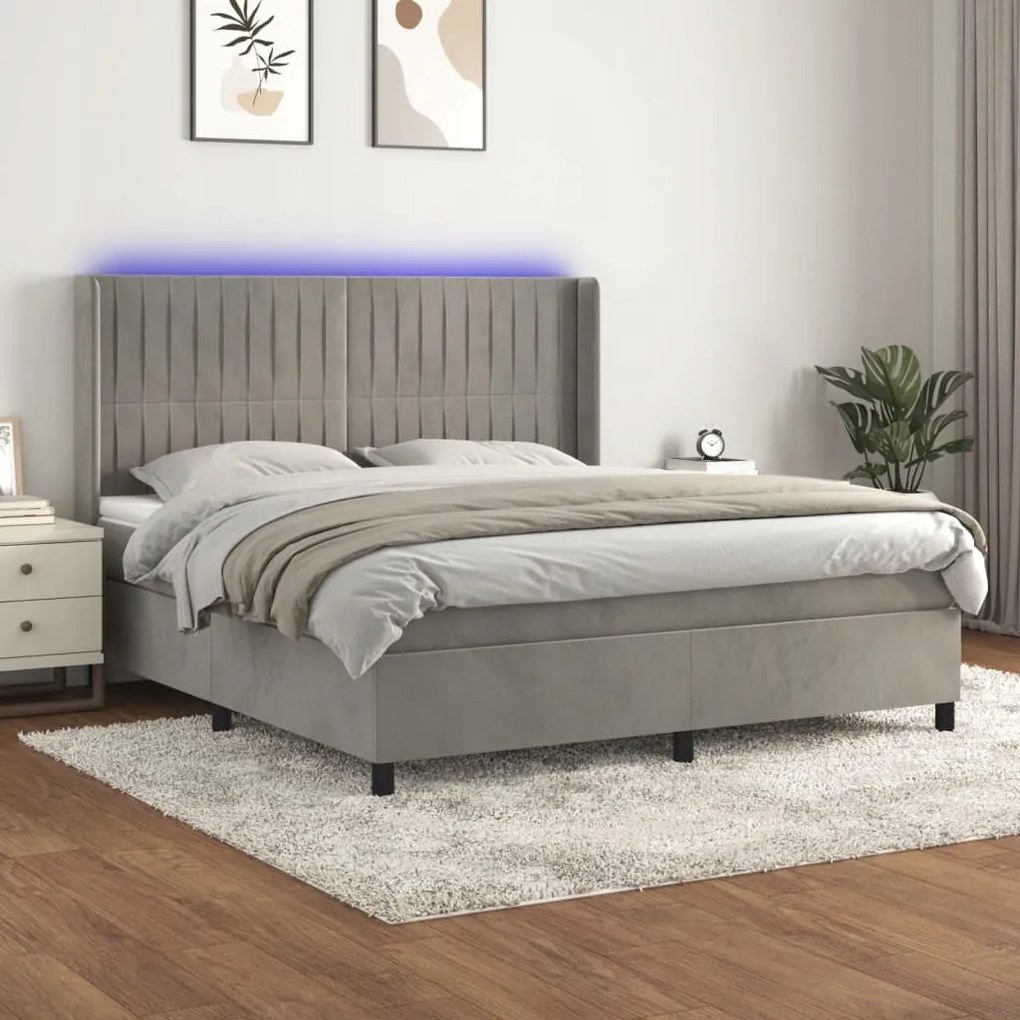 Box Spring Postel S Matrací A Led Samet Světle Šedá Svislé pruhy 180 x 20