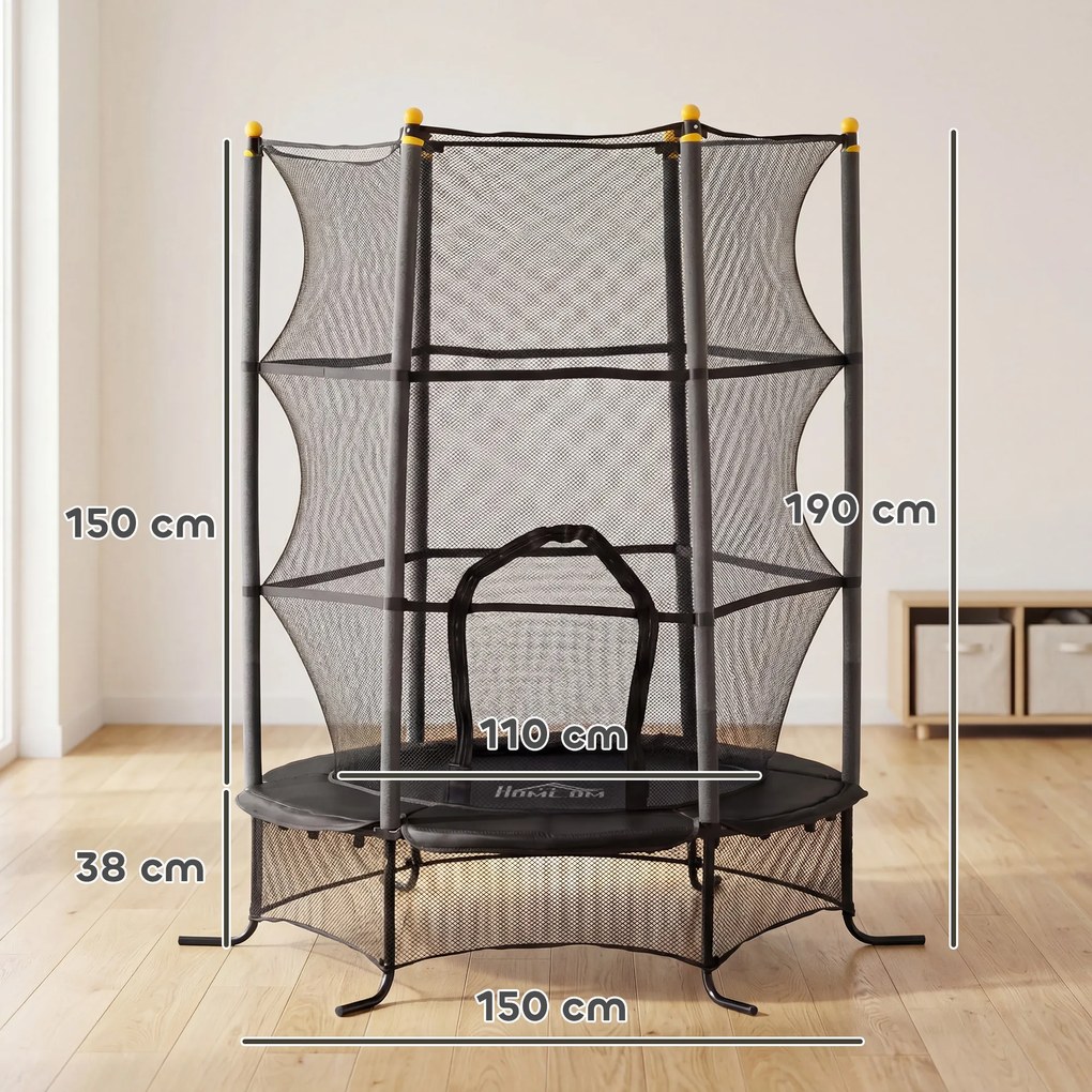 HOMCOM dětská trampolína Ø163 cm, trampolína s ochrannou sítí, kryt okrajů, zahradní trampolína pro děti 3-10 let, max. nosnost 50 kg, černá barva