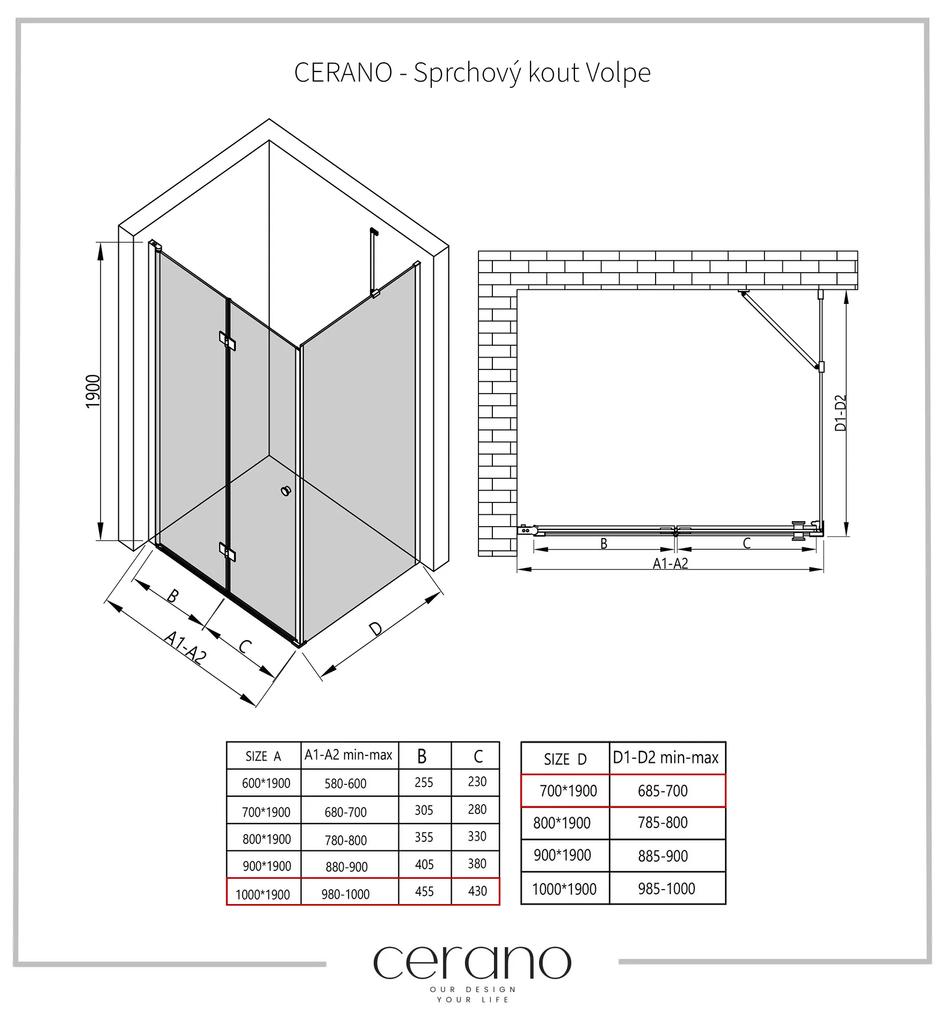 CERANO - Sprchový kout Volpe L/P - černá matná, transparentní sklo - 100x70 cm - skládací