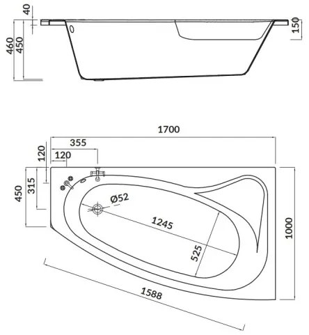 Cersanit Sicilia, asymetrická rohová vana pravá 170x100cm + nožičky, bílá, S301-098