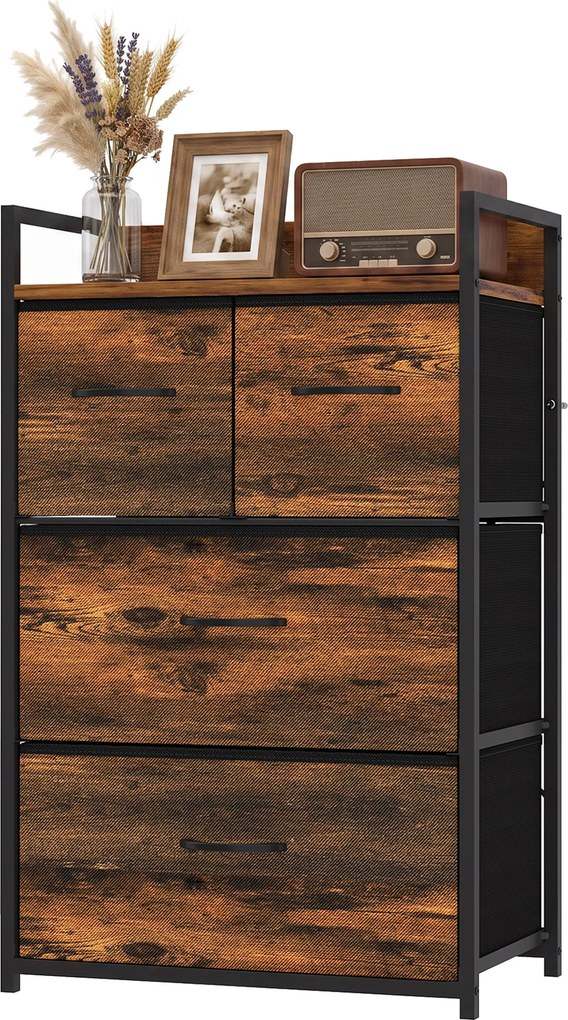 HOMCOM komoda, sideboard, 4 látkové zásuvky, průmyslový design, 50x29x85 cm, hnědá/černá