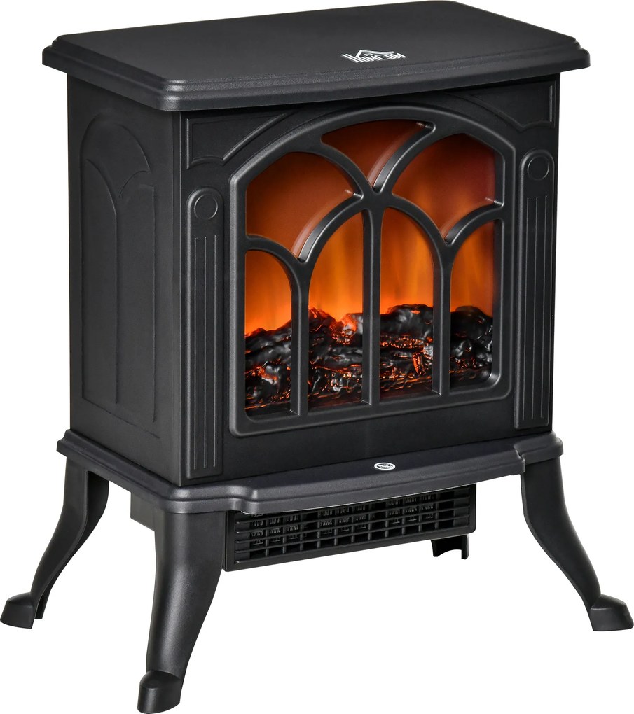 HOMCOM elektrický krb kamna s efektem plamene v retro stylu, termostat 750-1500 W, ochrana proti přehřátí, černá