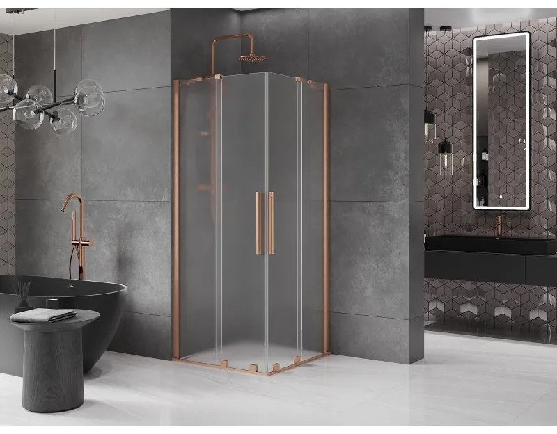 Mexen Velar Duo, sprchový kout s posuvnými dveřmi 100 x 100 cm, 8mm sklo námraza, měděná matná, 871-100-100-32-65
