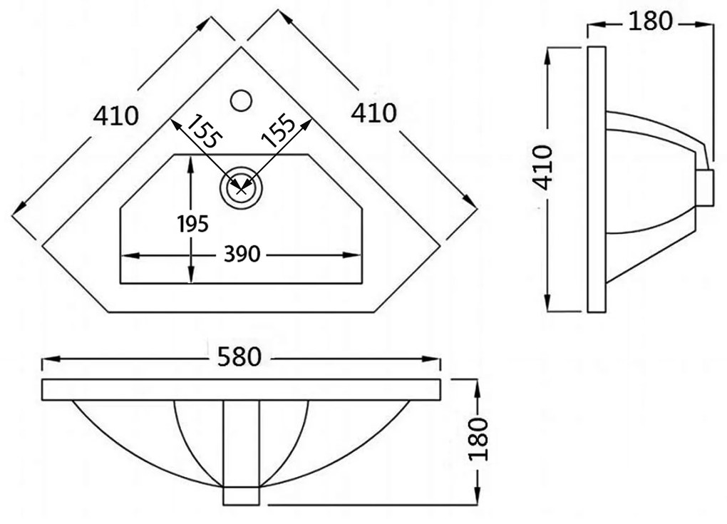 Aqualine Aqualine, Keramické umyvadlo rohové 41x41 cm, na nábytek, 1601-40