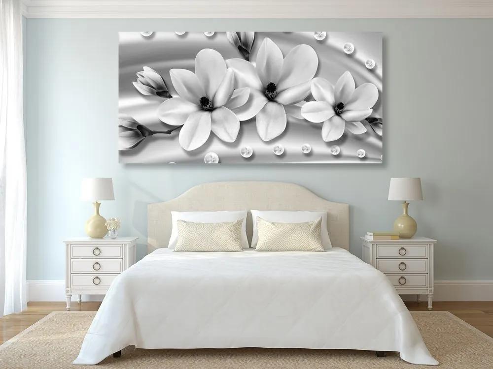 Obraz luxusní magnolie s perlami v černobílém provedení - 120x60 cm