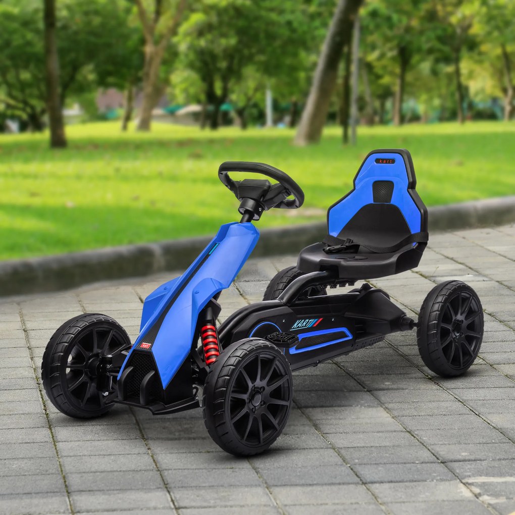 HOMCOM Motokára, dětské vozidlo s nastavitelným sedadlem, šlapací vozidlo, šlapací auto s ruční brzdou, čtyřkolka pro děti od 3 do 8 let, modrá | Aos…