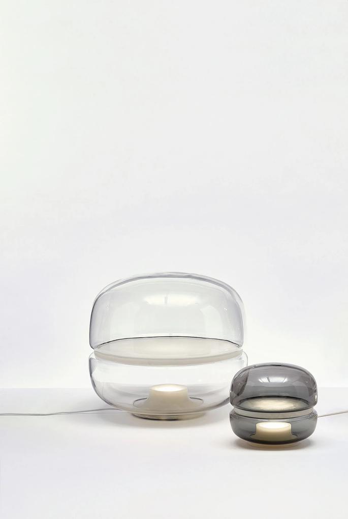 Designová stolní lampa Brokis Macaron S, PC1038 Barva skla: Amber - transparentní sklo, Základna: Dub evropský - bíle mořený (CSFB1575), Disk: Onyx medový (CSOP1533)