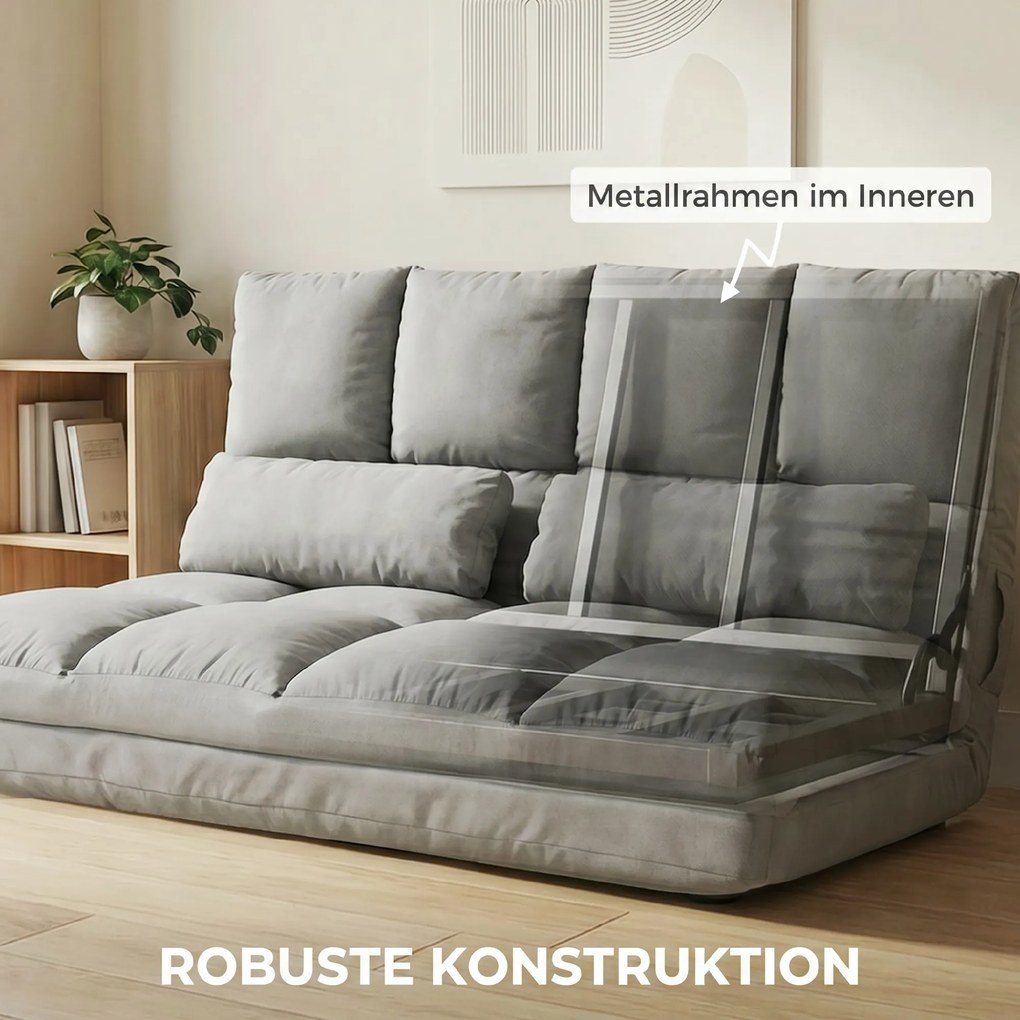 Podlahová židle HOMCOM 2 v 1, podlahová židle a postel s opěradlem, nastavitelná do 3 poloh, šedý sametový a ocelový sedák, 102x73x60cm | Aosom.de