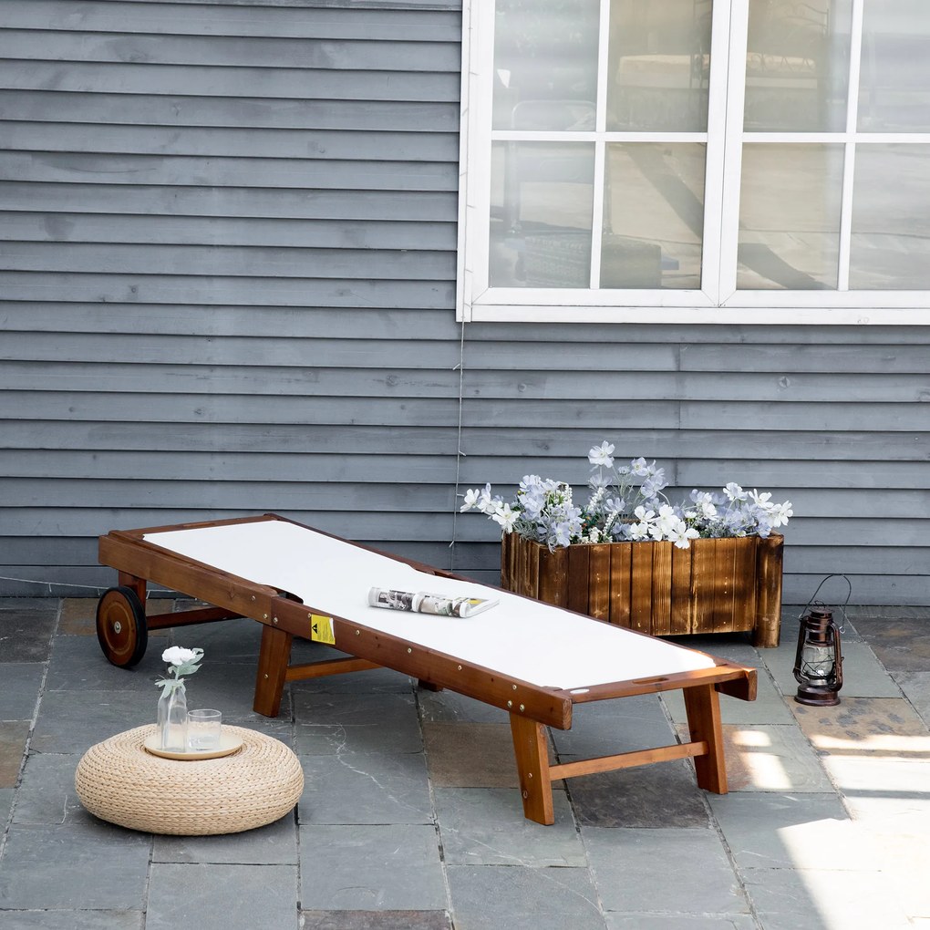Outsunny Lehátko Relaxační lehátko Zahradní nábytek nastavitelný Akáciové dřevo Textil Přírodní+bílá 198 x 55 x 30-88,5 cm
