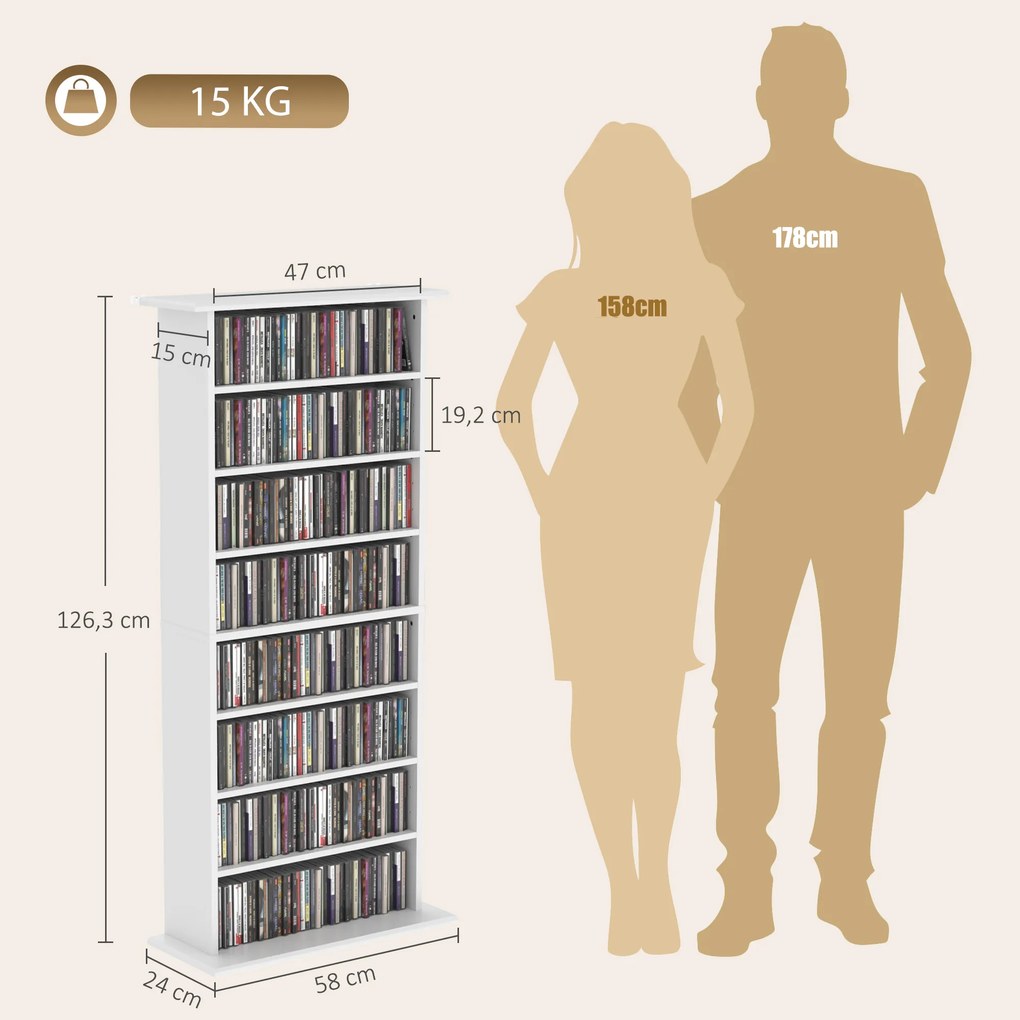 HOMCOM Úzká mediální skříň, 8 pater, 6 nastavitelných polic, 8 přihrádek, pro 360 CD, bílá