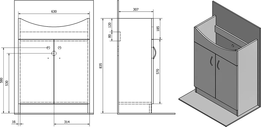 Aqualine Aqualine, SIMPLEX ECO 65 umyvadlová skříňka 63x83,5x30,7cm, SIME650