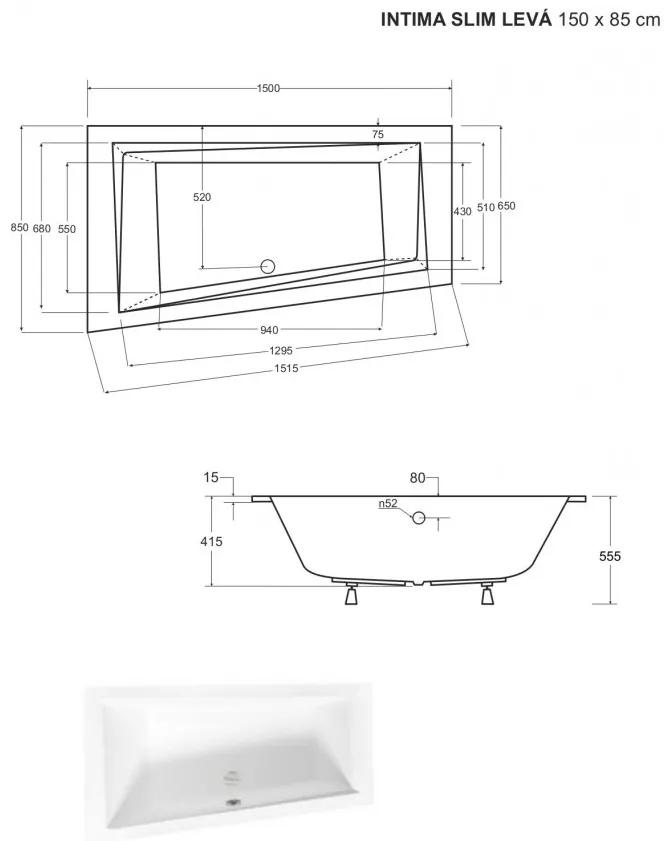 BESCO Asymetrická vana INTIMA SLIM Nožičky k vaně - Bez nožiček, Rozměr vany - 150 × 85 cm, Způsob provedení - Levé VANINTI15SLIML
