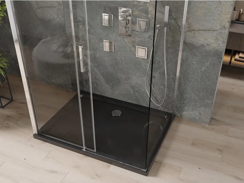 Mexen Omega, 3-stěnový sprchový kout s posuvnými dveřmi 100 (dveře) x 100 (stěna) x 190 cm, 8mm čiré sklo, chromový profil + černá sprchová vanička SLIM, 825-100-100-01-00-3S-4070