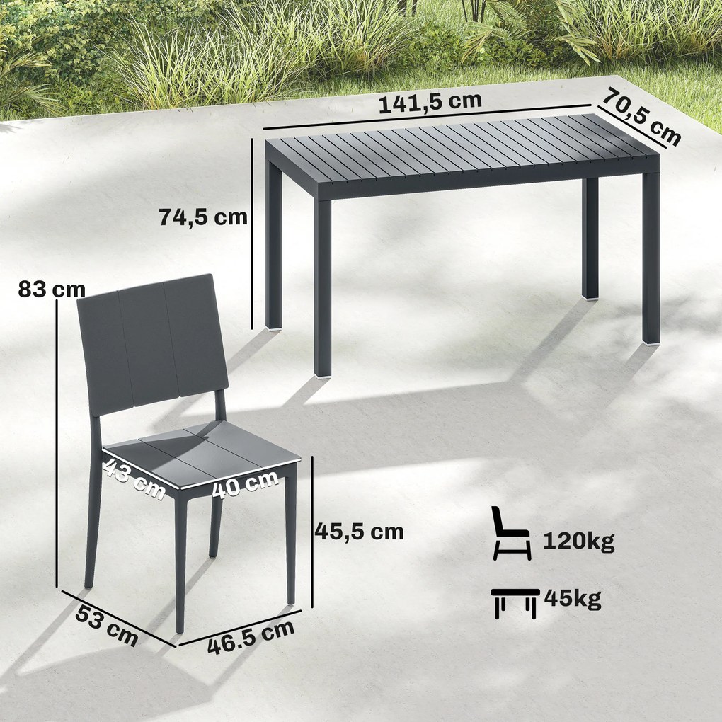 Zahradní nábytek sedací souprava 5dílný široký stůl se 4 stohovatelnými židlemi lamelové provedení pro 4 osoby tmavě šedá
