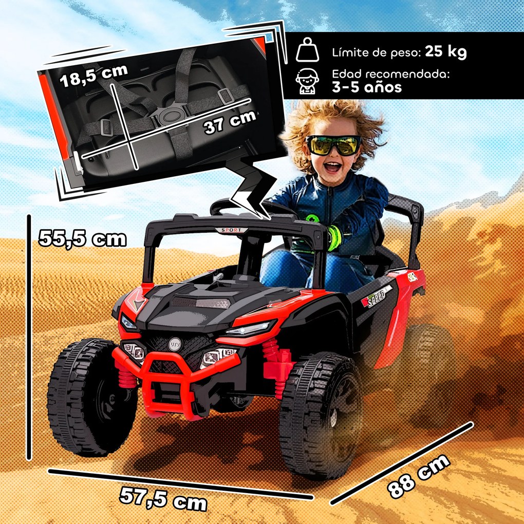 AIYAPLAY elektro-dětské vozidlo 12V s 2 motory, dálkové ovládání 2,4G, zadní odpružení, světla, hudba, červená