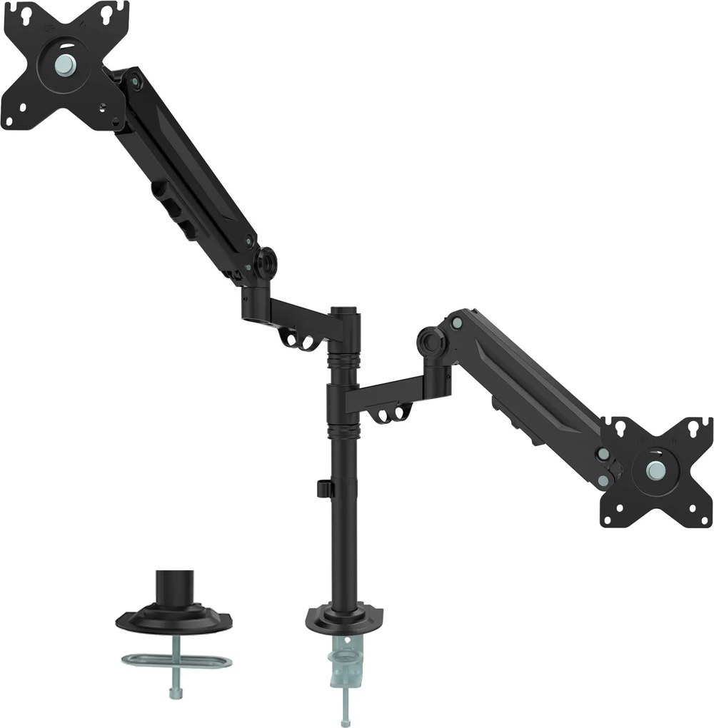 Stolní držák na 2 monitory s plynovou pružinou, zvětšený zdvih, 17–32"