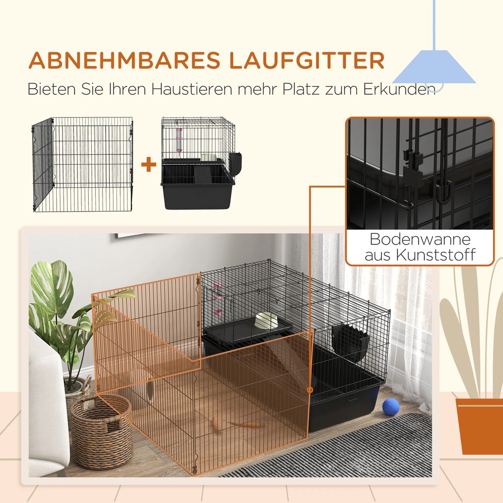 Bouda PawHut pro malá zvířata s výběhem, 112,5L x 99W x 54H cm, s lahví na vodu, krmítkem, miskou na krmení, pro malá zvířata, ocel, černá