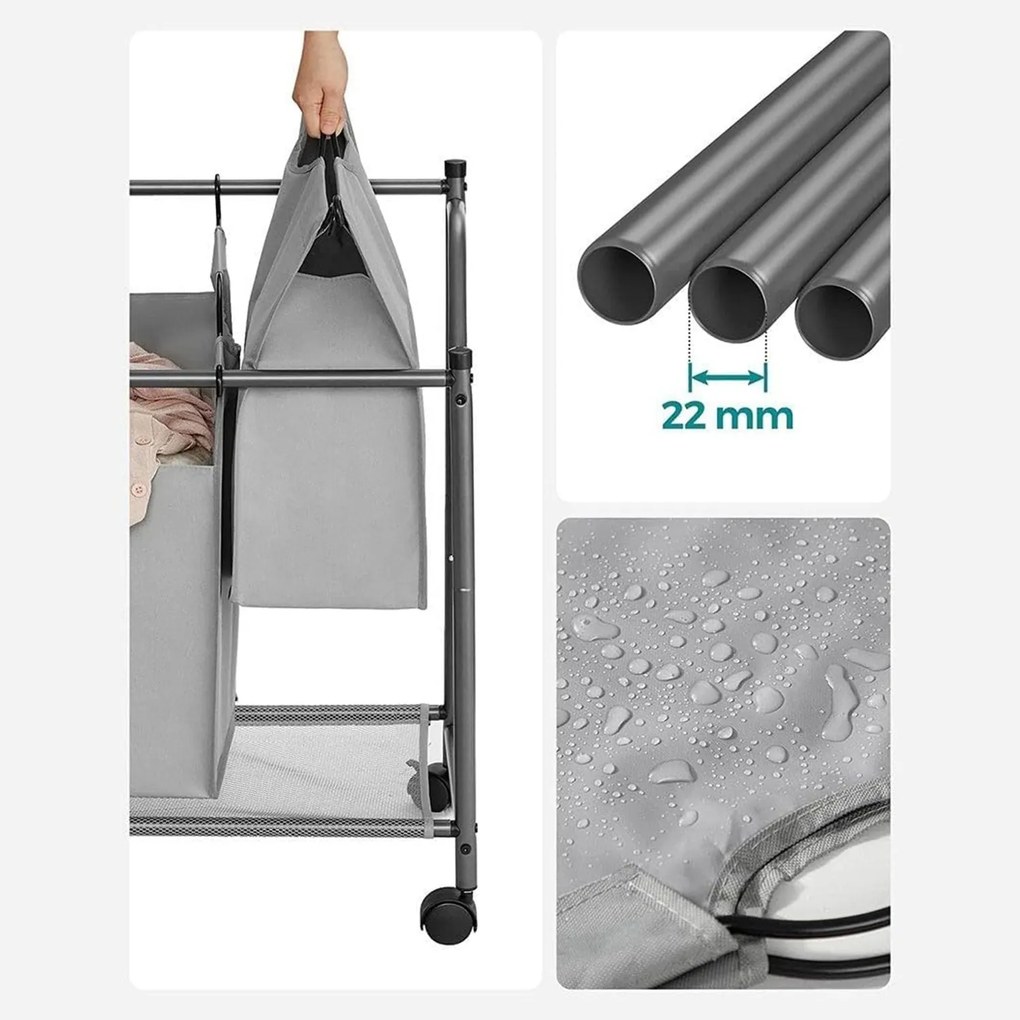 Prádelní koš na kolečkách 4 x 35l, se 4 vyjímatelnými taškami, šedá