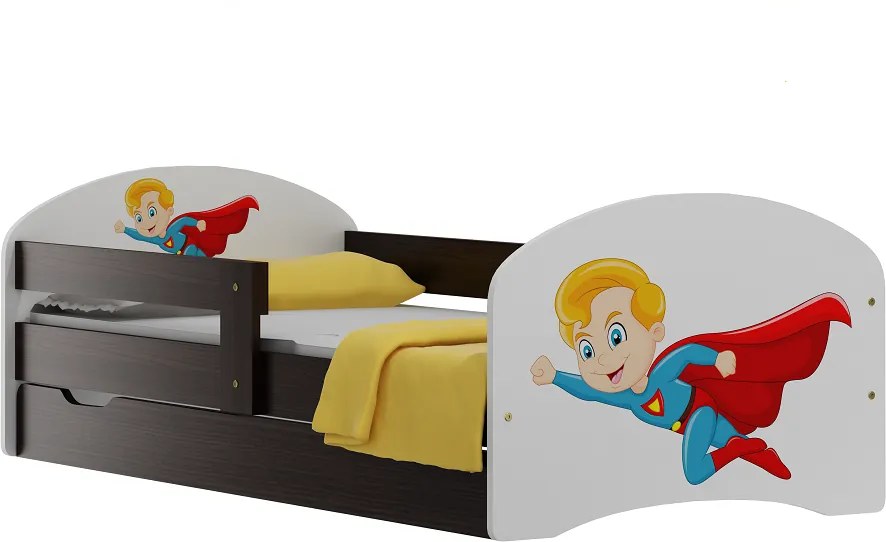 Dětská postel s motivem LITTLE HERO  se zábranou Rozměr: 200x90, Matrace: bez matrace, Barevná kombinace: BÍLÁ/DUB SONOMA