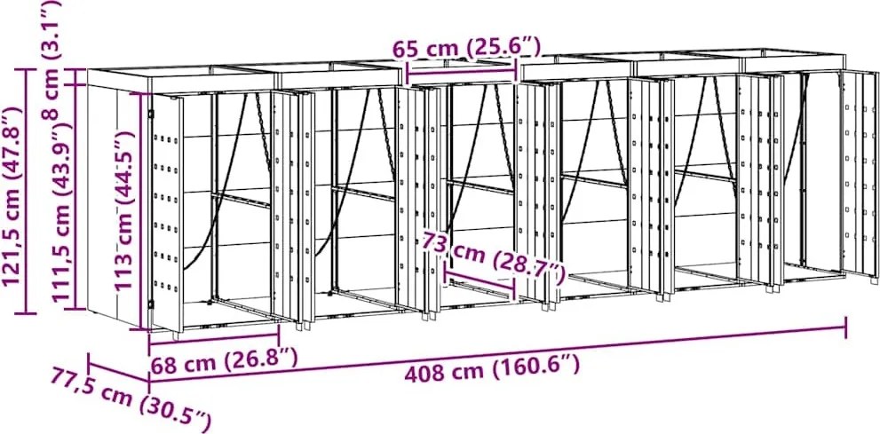 vidaXL Úložný box na 6 popelnic Světle šedá 408 x 77,5 x 121,5 cm [3394752]