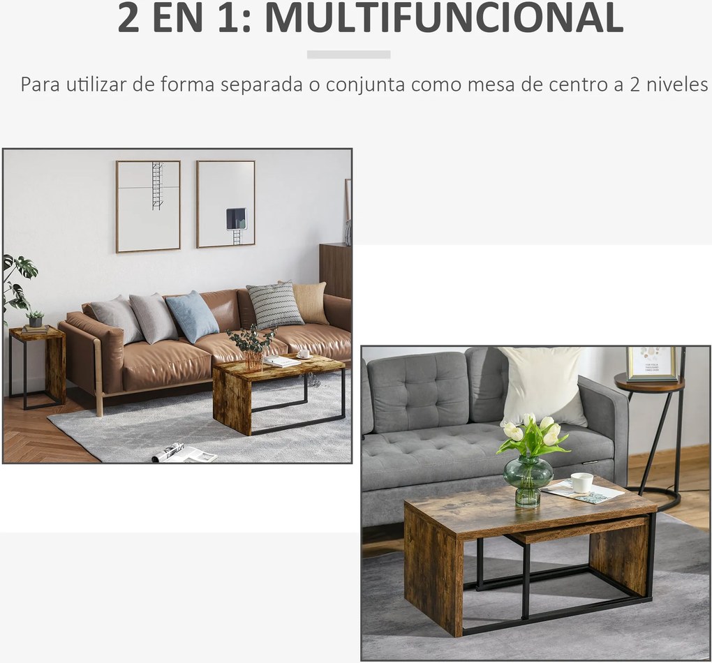 HOMCOM Set 2 Kávových Stolků s Kovovými Nohy v Průmyslovém Stylu pro Obývací Pokoj a Jídelnu 90x48x42 cm a 59x42x36 cm