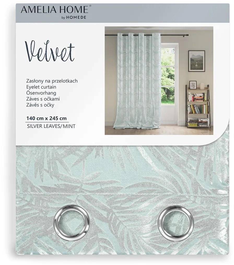 Závěs AmeliaHome Velvet Silver Leaves s průchodkami 140x245 cm mátový