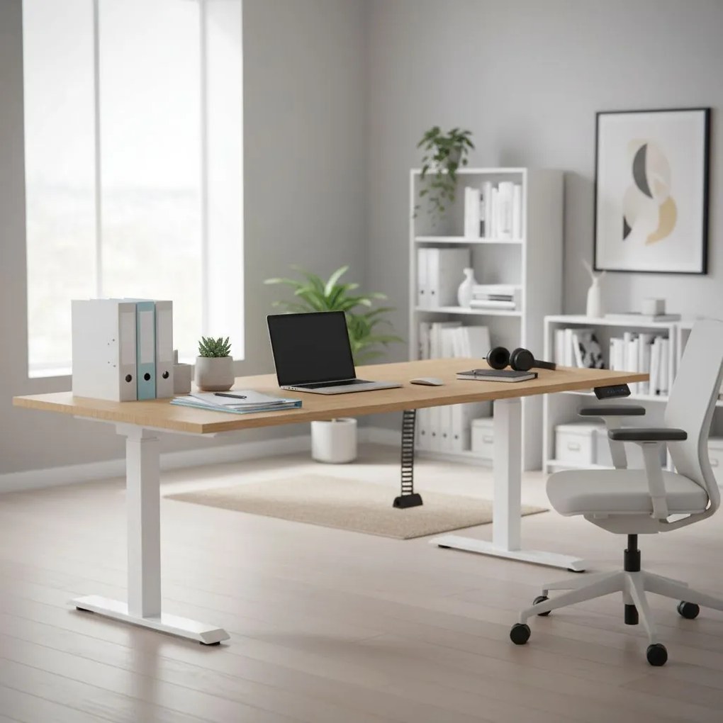 Výškově nastavitelný stůl OfficeTech D, 200 x 80 cm, bílá podnož, dub kamenný
