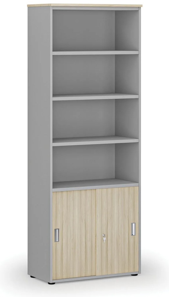Kombinovaná kancelářská skříň PRIMO GRAY, zasouvací dveře na 2 patra, 800 x 420 x 2128 mm, šedá/dub přírodní