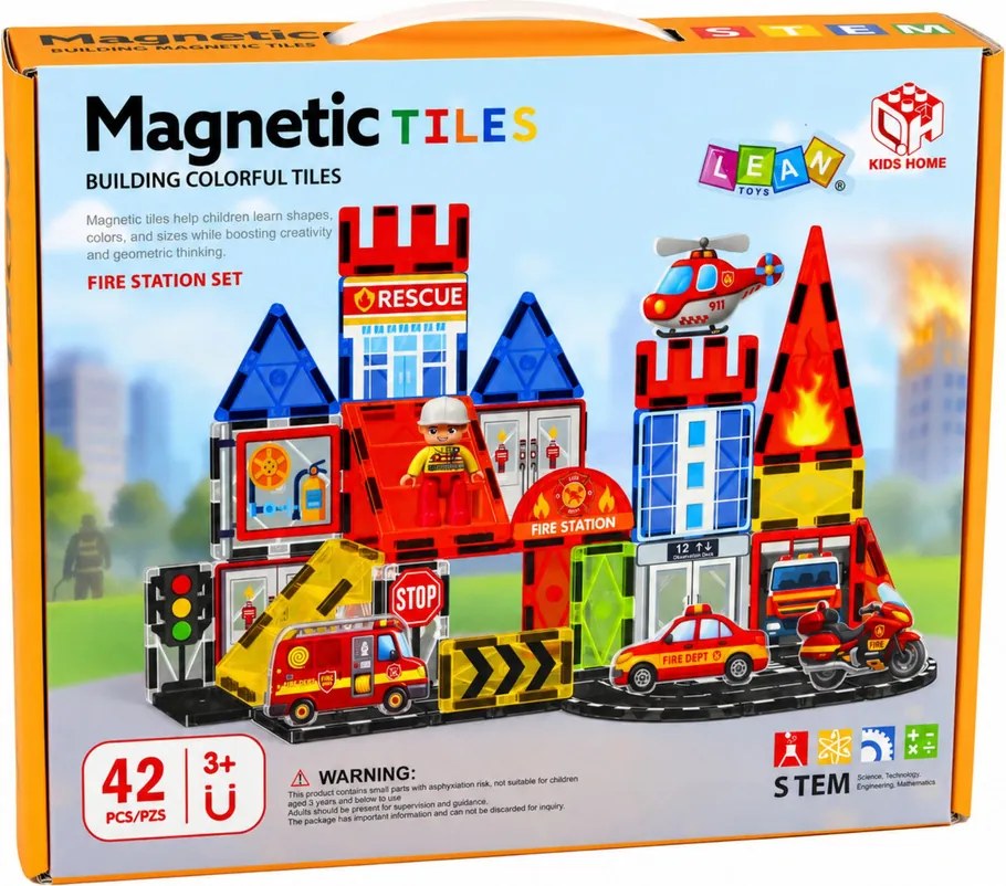 LEAN Toys Magnetické stavební kostky – Požární stanice, 42 dílů