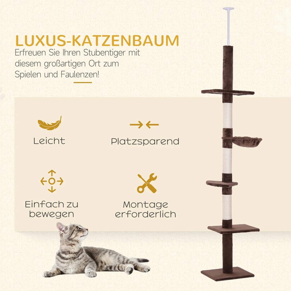 Stropní škrabadlo PawHut vysoké 230-260 cm - výškově nastavitelný kočičí strom s robustními sisalovými sloupky v hnědé barvě pro milovníky koček | Ao…