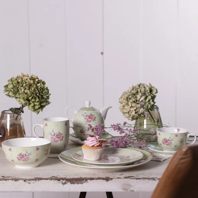 Zelená porcelánová miska s květy a ptáčkem Cheerful Birdie – 500 ml