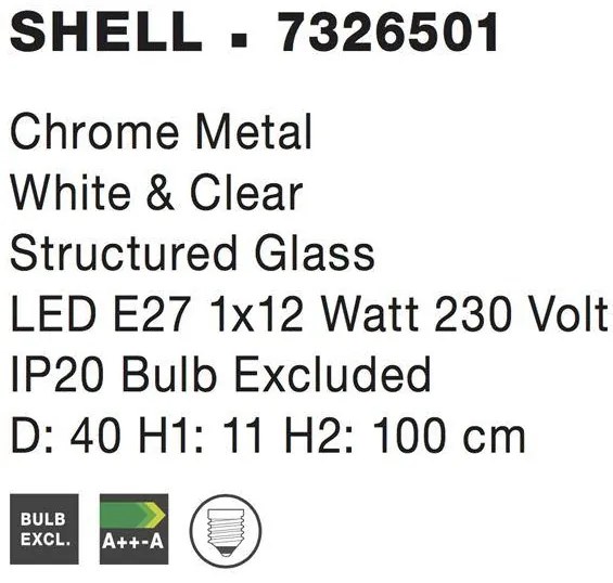 Nova Luce Závěsné svítidlo SHELL chromovaný kov bílá a čiré strukturované sklo E27 1x12W