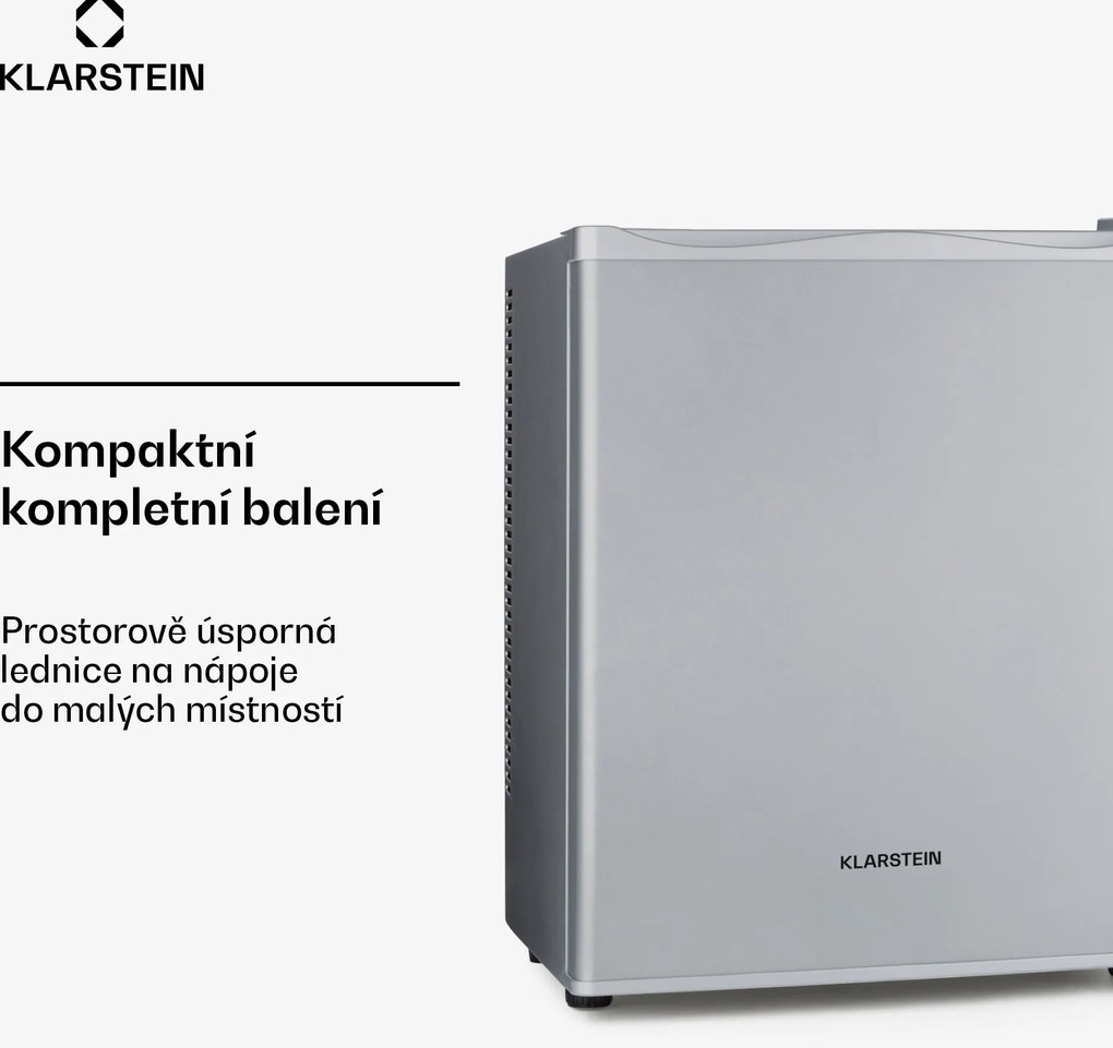 Klarstein Happy Hour 23, minibar, 23 l, 5-15 °C, energetická třída G, tichý, 25 dB, LED osvětlení, stříbrný