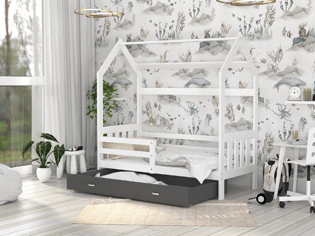 BabyBeds Dětská postel domeček se zábranou a úložným prostorem bílá Velikost postele: 190x80 cm, Barva šuplíku: Modrá